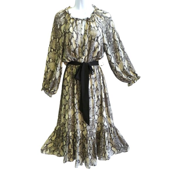 Zara | Dresses | Zara Snakeskin Print Midi Dress Split Neck Tie Ruffle ...